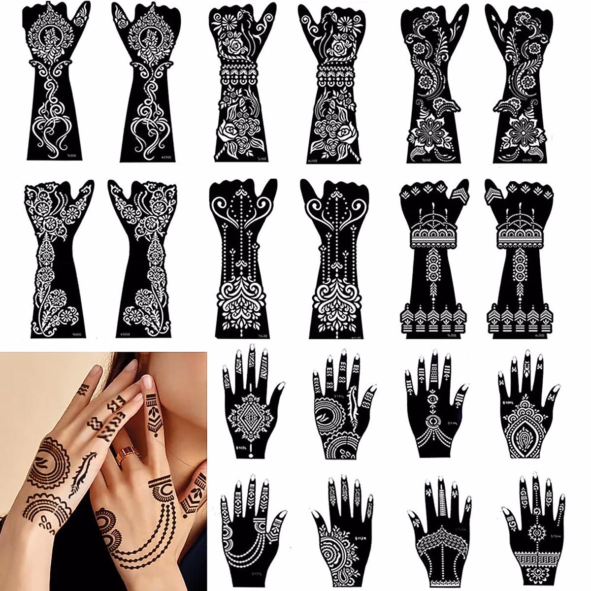 20 Sheets Large Henna Tattoo Stencils, Temporary Tattoo Templates for Hand Forearm Indian Arabian Glitter Airbrush Tattoo Stickers for Girls Woman