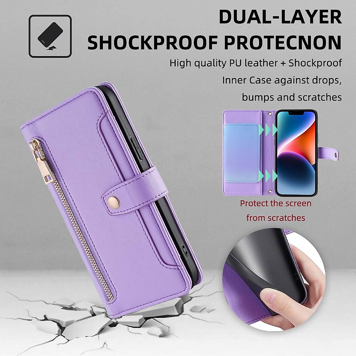 Arseaiy Wallet Case for VIVO V20 Flip Phone Case with Crossbody Strap Magnetic Handbag Zipper Pocket PU Leather Shockproof with Kickstand Phone Shell Purple