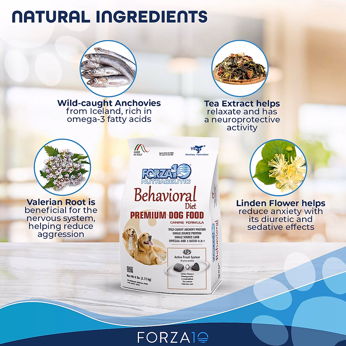 Forza10 Behavioral Calming Dry Dog Food - Contains Valerian Root to Calm Dogs, Helps with Dog Anxiety, Stress Relief, Barking, Thunderstorms, 6 Pound Bag, for Adult Dogs, Wild Caught Anchovy Flavor