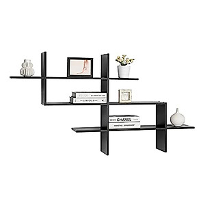 Danya B. 3-Tier Rustic Hanging Wall Mount Floating Ladder Accent Shelf with Criss Cross Asymmetrical Modern Design (Black)