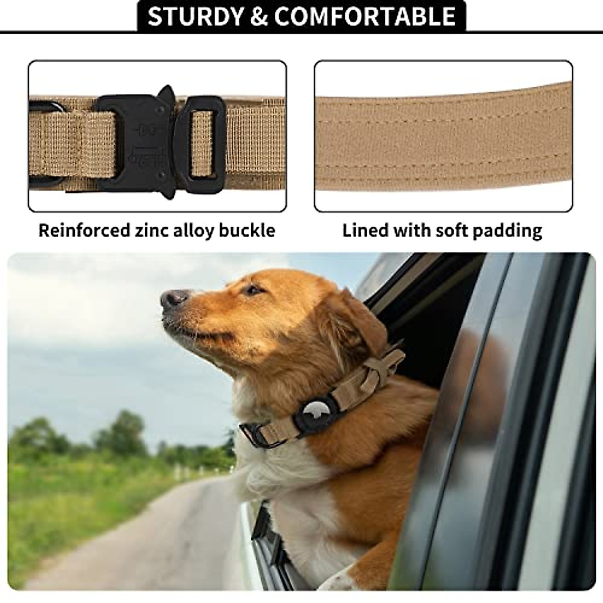 Tactical AirTag Dog Collar, FEEYAR Heavy Duty Air Tag Dog Collar [Thick & Wide], Military Dog Collar with Apple AirTag Holder and Handle, Adjustable GPS Dog Collar for Medium Large Dogs (L, Brown)