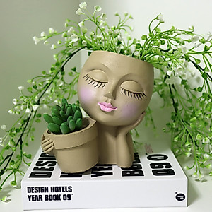 Dolkgy Face/Head Planters for Plants Unique Plant Pots for Indoor Outdoor Plants, Novelty Cute Large Girl Face Flower Pots with Drainage Hole for Home Garden Succulents Cactus