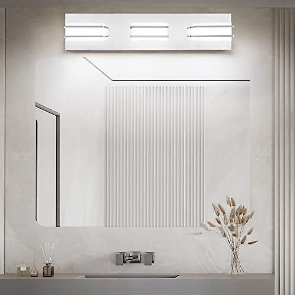 3 Color Temperature Dimmable Bathroom Light Fixtures over Mirror LED Chrome 3 Light Bathroom Vanity Light Fixtures Acrylic Stainless Steel Square Shade Vanity Lights for Bathroom, ETL Certificated