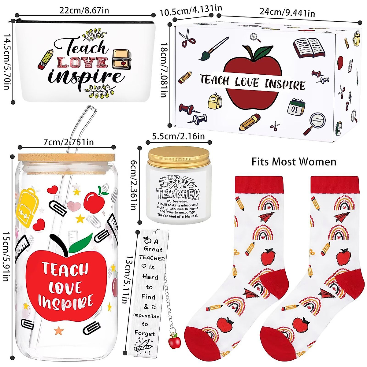 Vakuny Teacher Gifts for Women - Best Teacher Appreciation Gift Baskets From Students - Back to School Teacher's Day Bulk Gifts Boxes for Teachers - Thank you Teachers 16 oz Glass Cup Socks