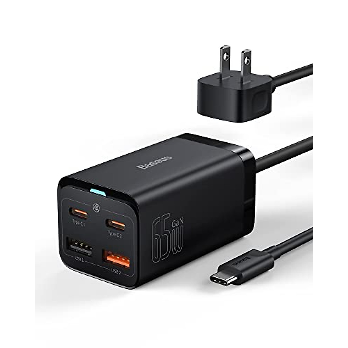 USB C Charger, Baseus 65W PD GaN3 Fast Wall Charger Block, 4-Ports [2USB-C + 2USB] Charging Station with 5ft AC Cable for MacBook Pro/Air, USB-C Laptop, iPhone 13/12, iPad Pro, Samsung Galaxy, etc