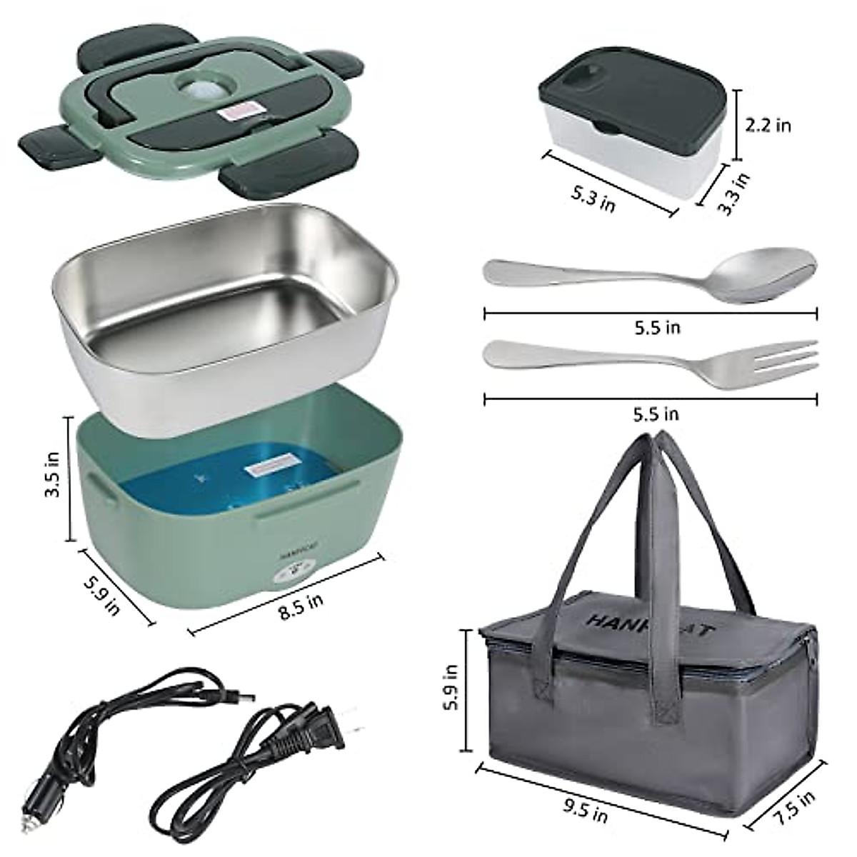 HANFFCAT Electric Lunch Box, Portable Box Food Heater Leak-Proof Sealing Ring Waterproof And For Car、Truck Work 12v 110v 55w ,Stainless Steel Container Spoon Fork、Handbag, Green (DRFH-02)