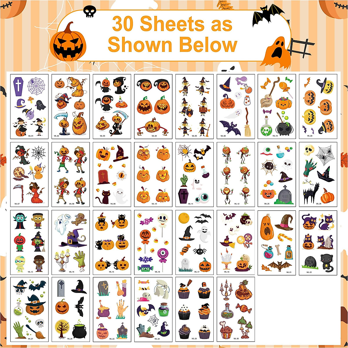 298 PCS Halloween Temporary Tattoos for Kids，Halloween Assorted Treat or Trick Halloween Fake Tattoo Stickers for Boys Girls Goody Bag Stuffers Prizes Party Favors