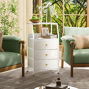 GipGiper White Nightstand with 3 Fabric Storage Drawers, Small Dresser for Bedroom, Entryway, Hallway, College Dorm Furniture Bedside End Table Table Closet Organizer