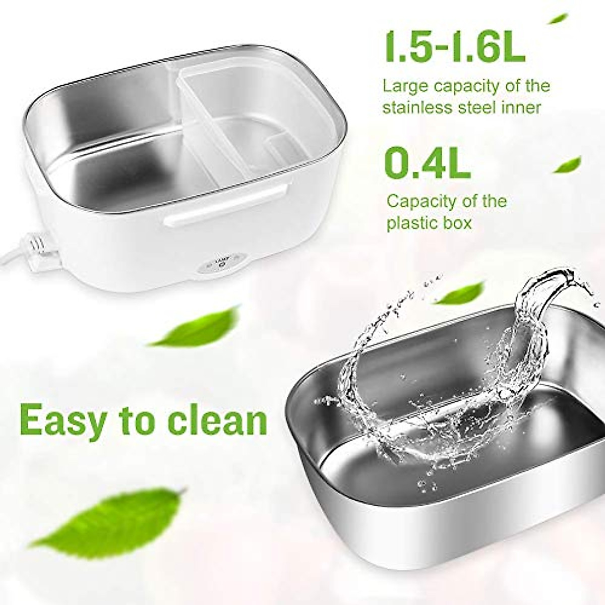 Electric Lunch Box for Car and Home 110V & 12V 40W - Removable Stainless Steel Portable Food Grade Material Warmer Heater - with 2 in 1 Fork & Spoon