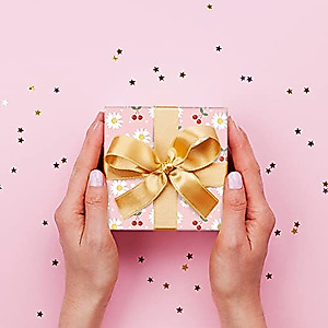 White and Yellow Daisy Floral With Red Cherries On Pink Gift Wrapping Paper 4 Sheets For Kids Girls Boys, Flower Gift Wrap for Birthday New Baby Shower Wedding Holiday Christening and More Occasion