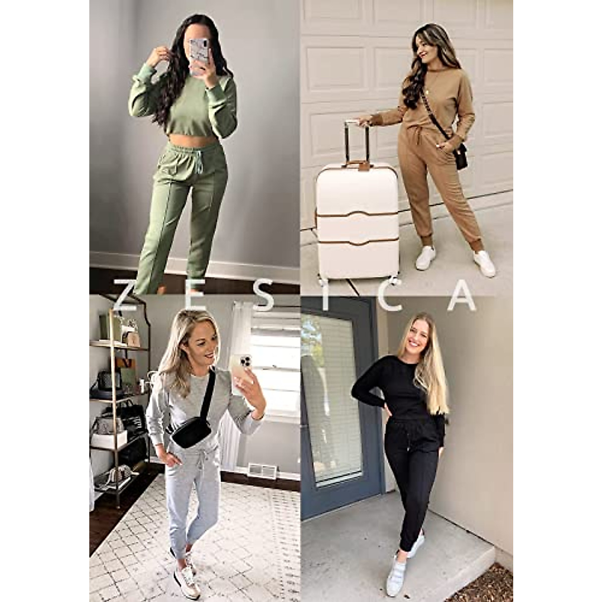 ZESICA Women's Long Sleeve Crop Top and Pants Pajama Sets 2 Piece Jogger Long Sleepwear Loungewear Pjs Sets,Green,Large
