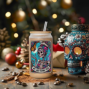 LEADO Tarot Card Funny Skull Cup, Halloween Cup Coffee Tumbler, 16 oz Cute Frosted Glass Cups with Lids Straws - Witchy Gifts for Women, Halloween Gifts, Christmas Gifts for Friend Mom Sister