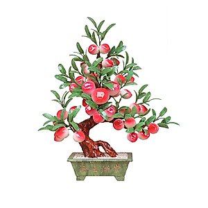 QTBH Fake Bonsai Tree Artificial Bonsai Tree - Jade Bonsai Decoration Artificial House Plants Jade Shou Peach Tree Bonsai Plant for Decoration Desktop Display Artificial Bonsai Tree