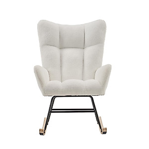 Nolohoo Rocking Chair Nursery, Teddy Upholstered Nursery Rocker Rocking Accent Chair with High Backrest Armrest for Mom, Baby, Bedroom and Living Room, White Teddy