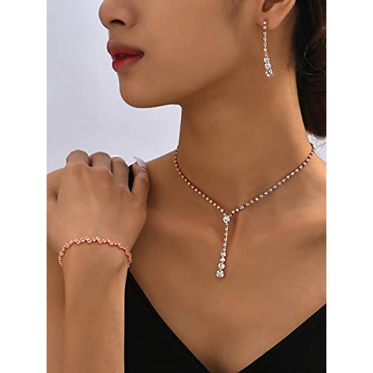 Unicra Bride Silver Bridal Necklace Earrings Set Crystal Wedding Jewelry Set Rhinestone Choker Necklace for Women and Girls (3 piece set - 2 earrings and 1 necklace)(NK070-2) (D 3 Pack Rose Gold Necklace Bracelet Earrings)