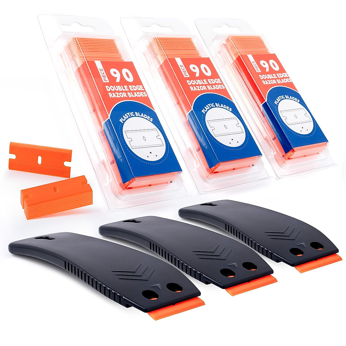 FOSHIO Razor Blade Scraper, 3 Pack Large Scraper Tool with 270PCS Double Edged Razor Blade Plastic Razor Blades, Glass Scraper for Windows, Decals, Tint, Stickers, Labels, Caulk, Adhesive（Black）