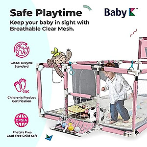 BABY K Baby Playpen with Mat (Pink 71"×47"×26") - Baby Ball Pit Playpen for Babies & Toddlers with Basketball Hoop & Soccer Net - Gated Playyard for Babies and Toddlers for Indoor Or Outdoor
