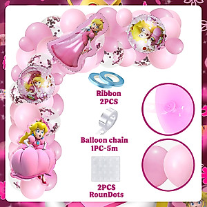 Princess Peach Birthday Party Supplies, Princess Peach Theme Party Decorations, Princess Peach Theme Party Favors Include Garland Arch Kit, Foil Balloon, Backdrop, Tablecloth