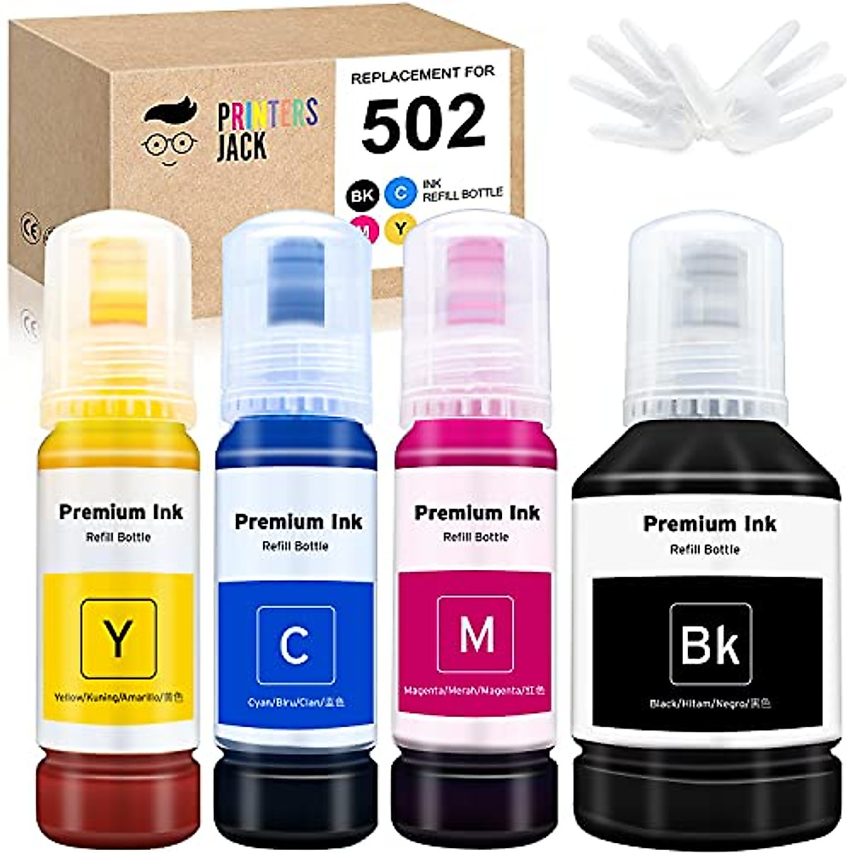 Printers Jack Compatible 502 T502 Refill Ink Bottles Replacement for EcoTank ET-2750 ET-3750 ET-4750 ET-2760 ET-3760 ET-4760 ET-2700 ET-3700 ET-3710 ET-15000 ST-2000 ST-3000 ST-4000 Printer