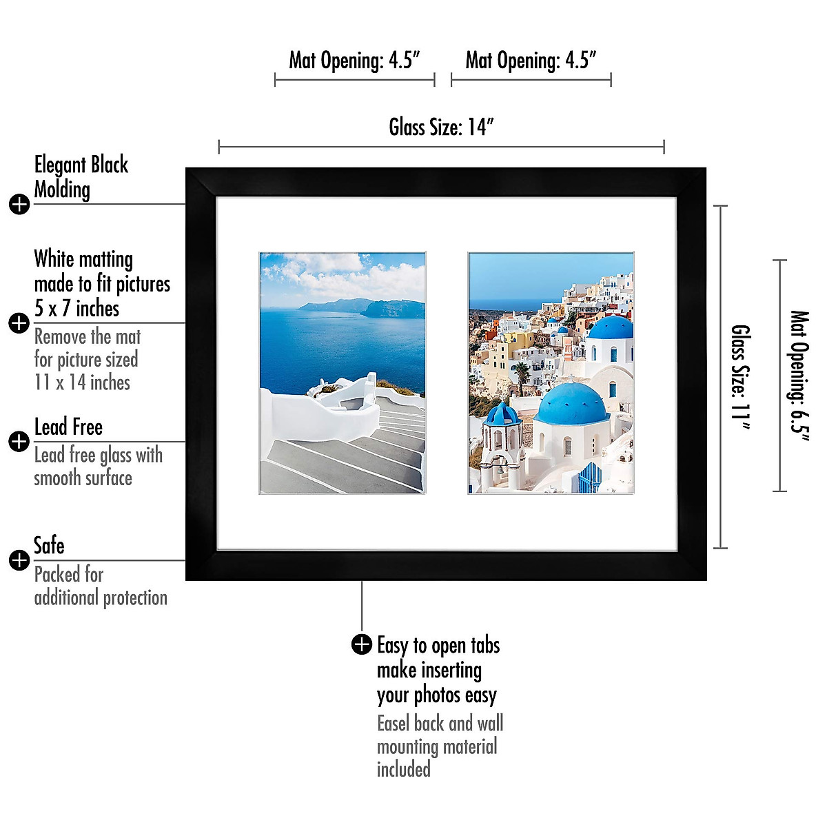 Americanflat 5x7 Double Picture Frame with Shatter-Resistant Glass - Fits Two 5x7 Photos or One 11x14 Picture - Signature Collection - Photo Frame for Wall Display - Black