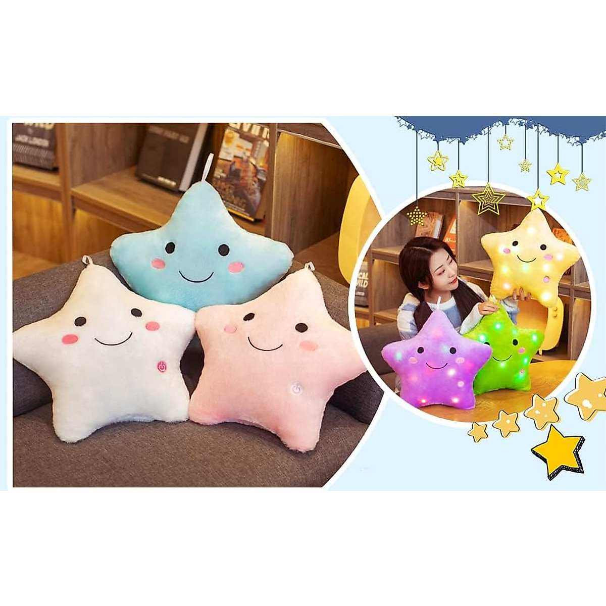 DearSun 13''Creative Twinkle Star Colorful Night Light Plush Pillows Light up Night Stuffed Toys Perfect for Birthday Christmas Holiday Valentines (Blue)