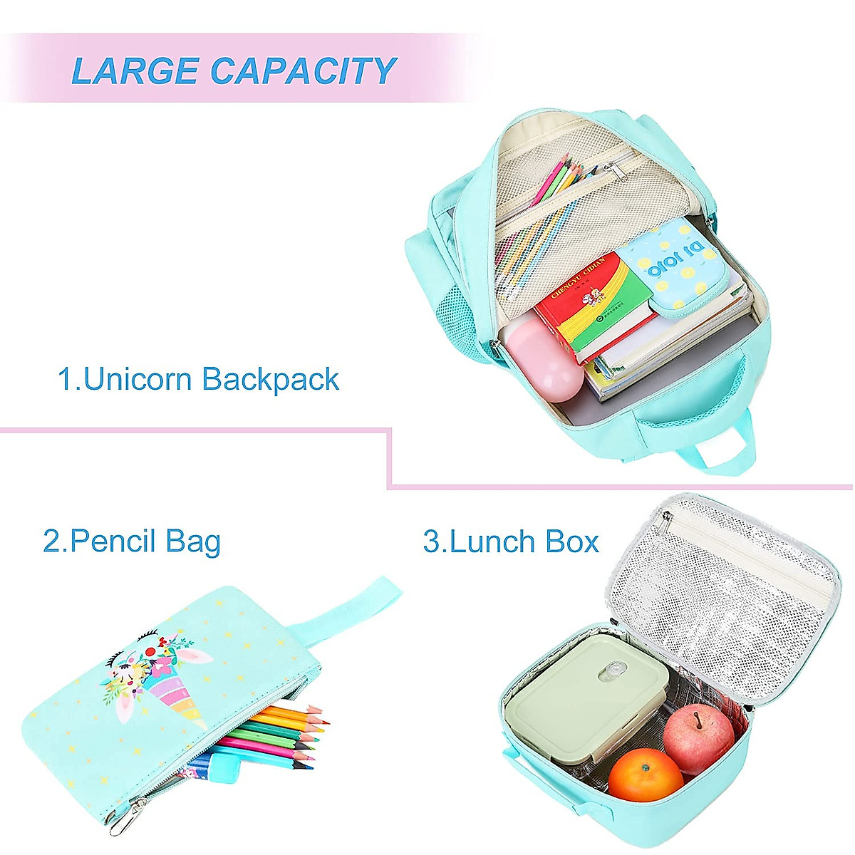 Soekidy Unicorn Backpack for Girls Kids Backpacks Toddler Bookbags with Lunch Box Pencil Bag 3 in 1 Sets School Bags for Age 3+ (Green Unicorn)