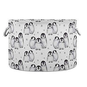 ALAZA Large Storage Basket for Toys Cute Baby Penguins Star Round Blanket Basket Baby Laundry Hamper Canvas Organizer Bin Box Cotton Rope Collapsible Bucket Pillow Home Decor