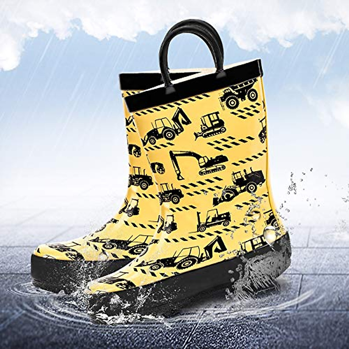 ADAMUMU Toddler Kids Rain Boots Childrens Waterproof Rubber Shoes with Easy-On Handles Lightweight in Cartoon Patterns for Boys & Girls A-Yellow
