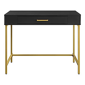 OSP Home Furnishings Modern Life Contemporary Writing Desk with Large Drawer and Gold Metal Legs, Black Finish