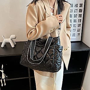 Fashion Casual Autumn Winter Cotton Clothes Quilted Ladies Large Capacity Shoulder Bag Tote Bag for Women Crossbody Satchels Portable Travel(01-Black)