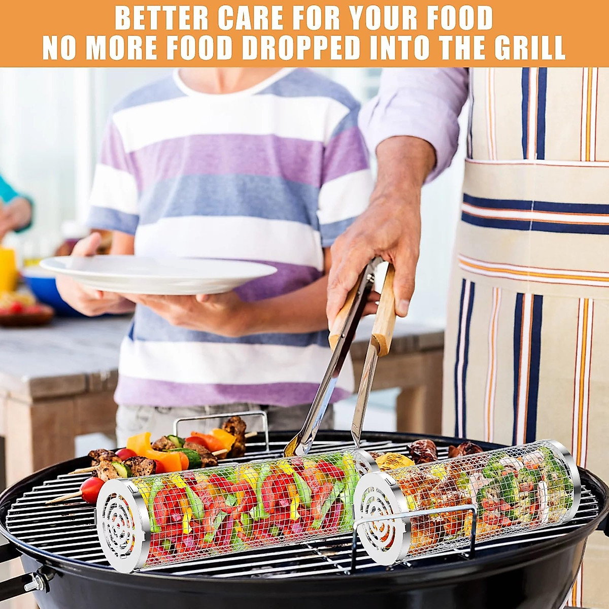 Rolling Grill CART, Stainless Steel BBQ Rolling Grill Basket Round Barbecue Net Tube for Outdoor Camping Picnic, Non-Stick Grill Net Wire Mesh Cylinder for Fish, Vegetables and Meat