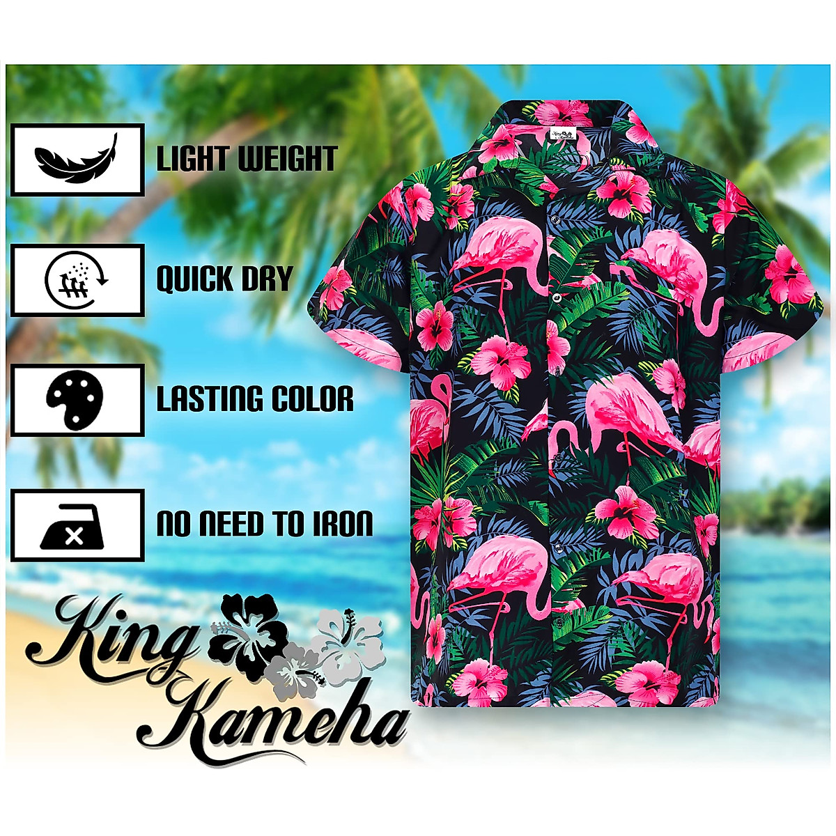 KING KAMEHA Funky Hawaiian Shirt, Shortsleeve, Flamingo Flowers, Black Pink, XXL