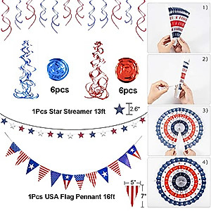 4th of July Decorations Patriotic Decorations Set - 53Pcs American Flag Party Supplies Including Paper Fans, Banner, Balloons, Hanging Swirl, Handheld Flags for Veterans Independence Day