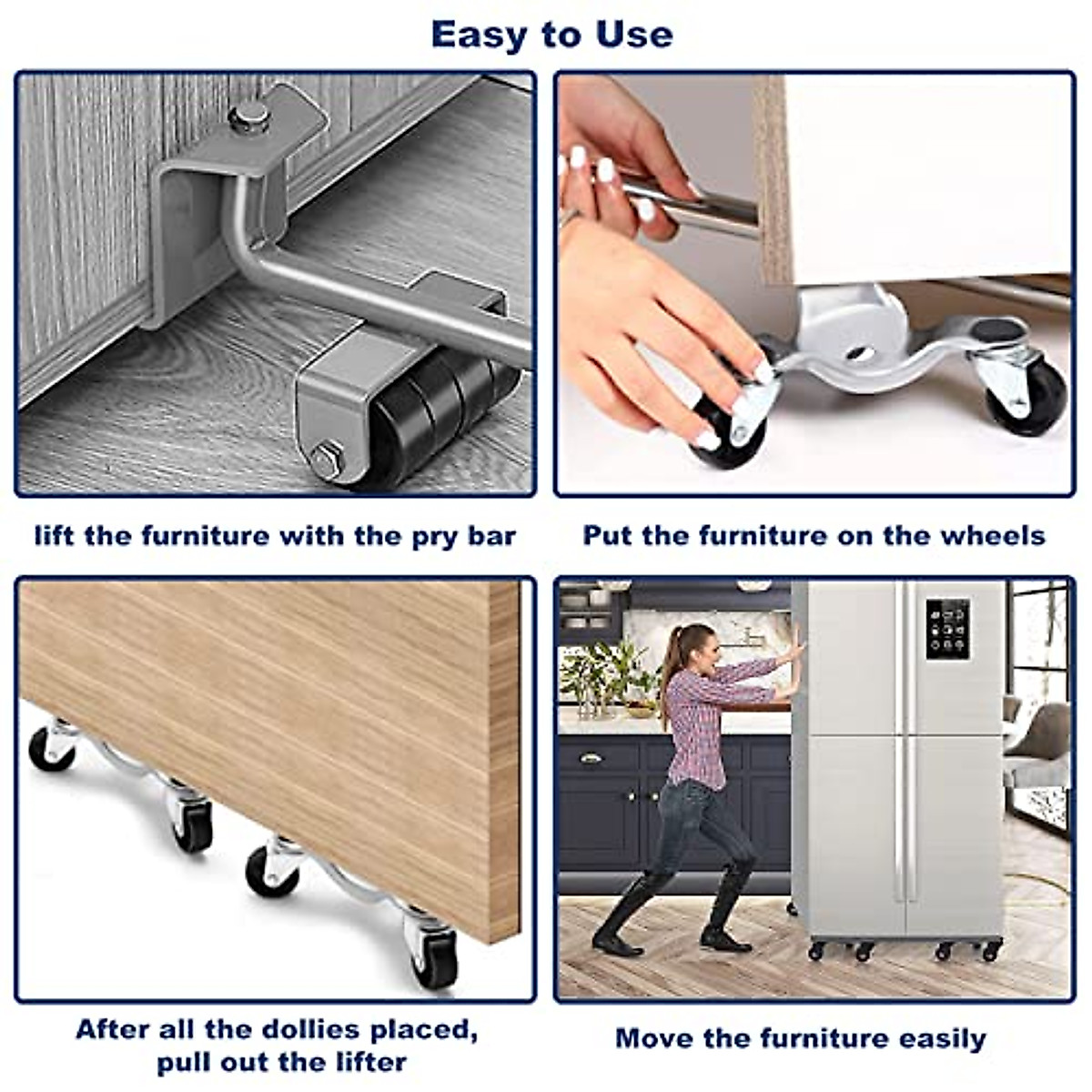 Ganggend 6 Inch Furniture Dolly Set 4 Pack, 330lbs Load Capacity Each Pack Steel Tri Dolly Furniture Lifter, Mover Dolly 3 Wheels Heavy Duty for Moving Cabinet, Furniture, Appliances, Black