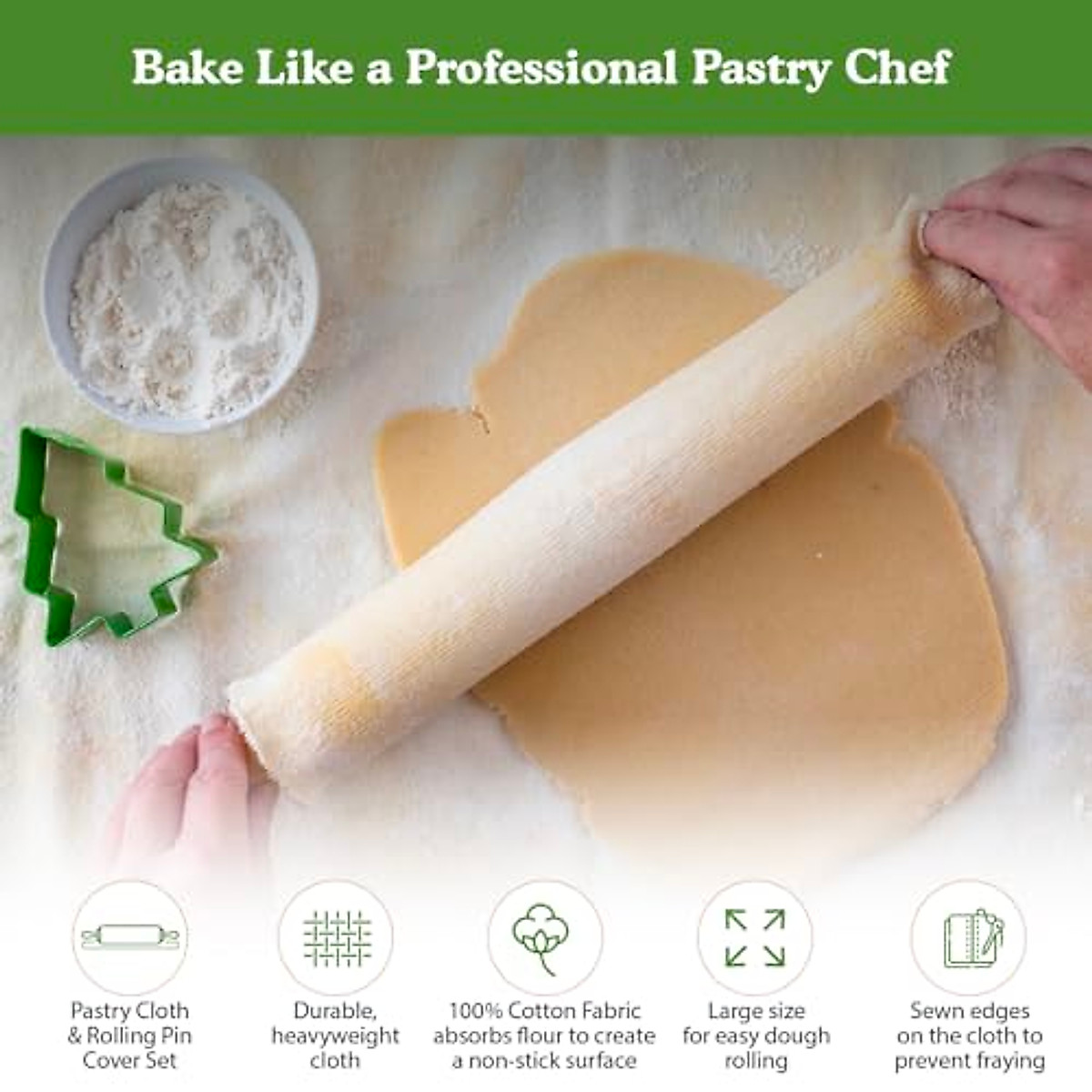 Regency Wraps Rolling Pin Cover for Non-Stick Dough Rolling, 100% Cotton Absorbs Excess Four So Pastries Come out Light and Flakey, 15" Pack of 2