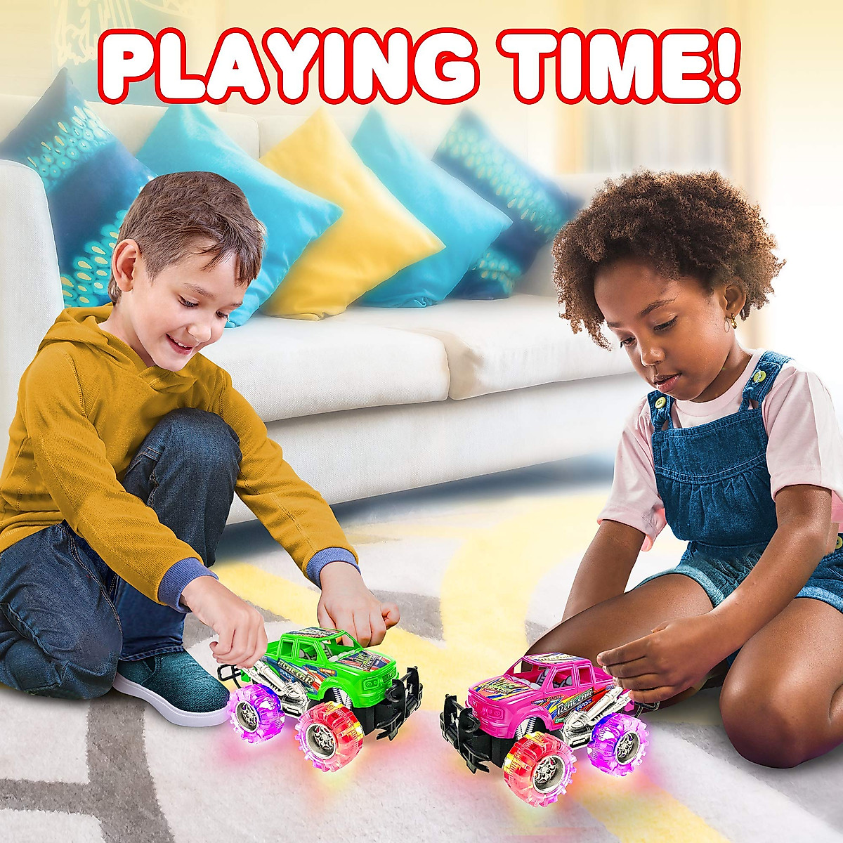 ArtCreativity Pink and Green Light Up Monster Truck Set for Boys and Girls, Set Includes 2, 6 Inch Monster Trucks with Beautiful Flashing LED Tires, Push n Go Toy Cars, Best Gift for Kids, for Ages 3+