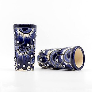 Casa Fiesta Designs Mexican Shot Glasses, Hand-painted Ceramic Tequila Shot Glass Made in Mexico - Great for Tequila, Mezcal and Sangrita, 2 oz - Blue and White - Tequilero Azul y Blanco (Pack of 4)