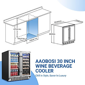 AAOBOSI 30 Inch Wine and Beverage Cooler, 31 Bottles & 110 Cans Wine Fridge, Glass Door Dual Zone Wine Refrigerator Freestanding and Built-in, Digital Temperature Control, Blue LED Display Light