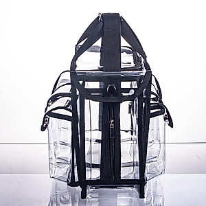 Wide Open Large Professional Clear PVC Travel Makeup Artist Set Bag Cosmetic Nails Beauty Bag Transparent Vinyl Tool Organizer Work Bag Beach Bag Diaper Bag with 6 External Pockets & Strap (Black)