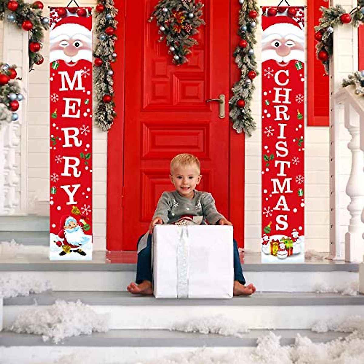 Christmas Decorations Banners, Merry Christmas Party Decor, Bright Red Xmas Hanging Banner for Outdoor/Indoor Home Front Door, 100D Fabric Porch Sign 72”x12”