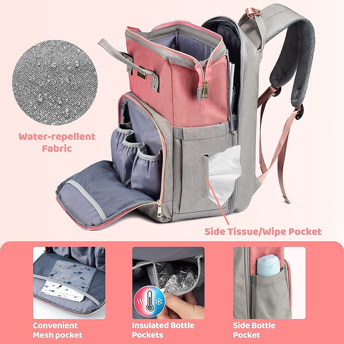 COSYLAND Diaper Bag Backpack Large Capacity Baby Bag for Boy Girl Water-repellent Multifunction Travel Back Pack with Changing Pad & Stroller Straps for Mom Dad, Pink/Grey