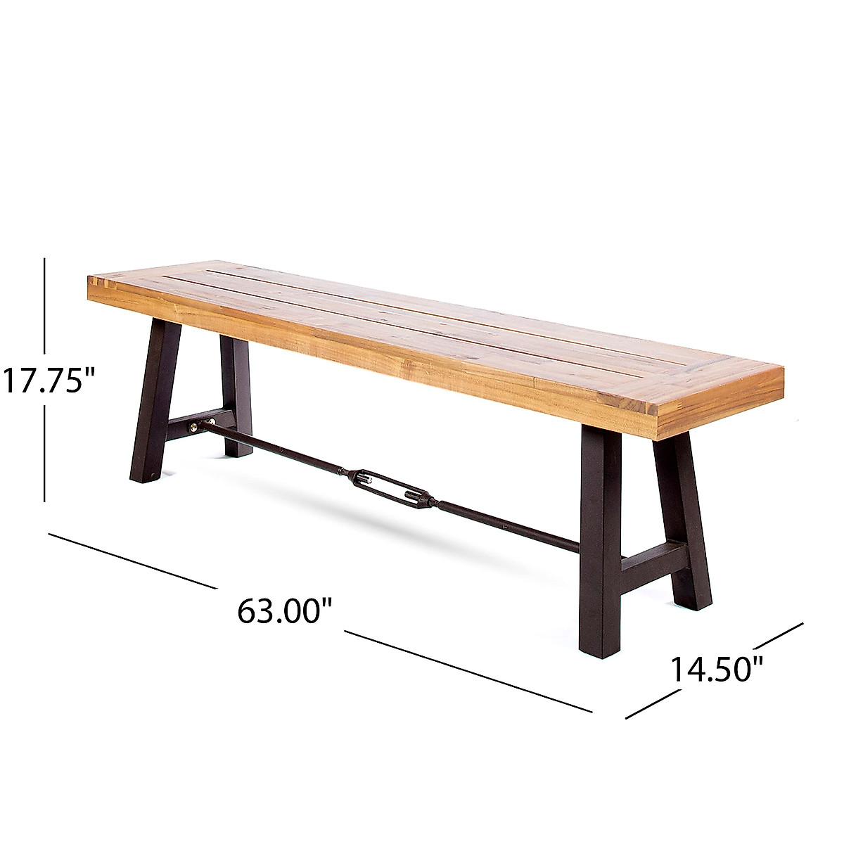 Christopher Knight Home Catriona Outdoor Acacia Wood Bench with Metal Accents, Teak Finish / Rustic Metal 14. 50 x 63 x 17. 75 inches