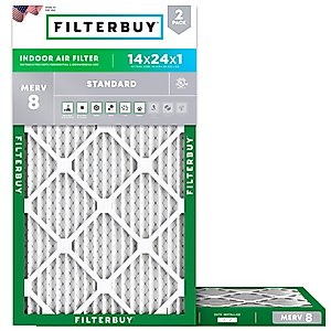 Filterbuy 14x24x1 Air Filter MERV 8 Dust Defense (2-Pack), Pleated HVAC AC Furnace Air Filters Replacement (Actual Size: 13.38 x 23.38 x 0.75 Inches)