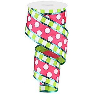 Polka Dots with Stripes Wired Edge Ribbon - 10 Yards (Hot Pink, White, Lime, Turquoise, 2.5")