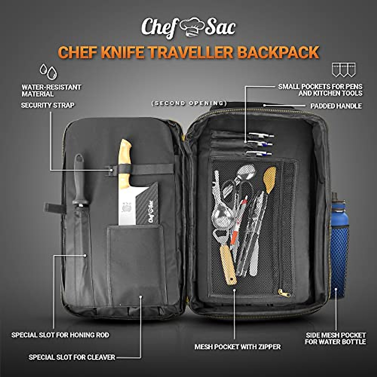 Chef Knife Bag | Traveller Chef Backpack | Water-Resistant Material | 21+ Pockets for Knives & Kitchen Utensils | Dedicated Pocket for Laptop & Notebook | Culinary Gifts for Chefs & Students (Black)