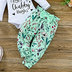 ZOELNIC Newborn Baby Girl Clothes Ruffles Long Sleeve Romper Floral Leopard Pants Headband 3pcs Toddler Outfit Sets(Green,6-9M)