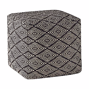 Modern Boho Farmhouse Black Ivory Woven Outdoor Pouf Ottoman Outdoor Patio Accent Decor Furniture Footstool