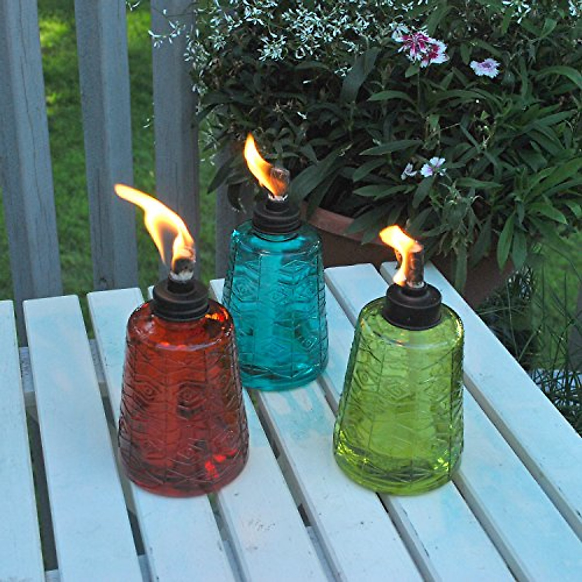 TIKI 1116040 Brand Molded Glass Table Decorative Outdoor Torch for Patio, Lawn, and Garden, 6 in, (Set of 3), Red, Green and Blue