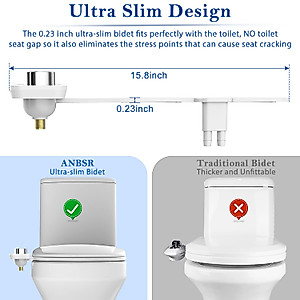 Bidet Attachment for Toilet, ANBSR Ultra-Slim Bidet Attachment Dual Nozzle (Frontal Rear/Feminine Wash) Fresh Cold Water Non-Electric Bidet Toilet Seat Attachment Adjustable Water Pressure