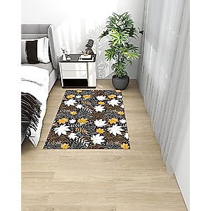 Autumn Maple Leaves Large Rectangular Area Rugs 5' x 7' Living Room, Yellow White Gold Leaf Black Backdrop Durable Non Slip Rug Carpet Floor Mat for Bedroom Bedside Outdoor